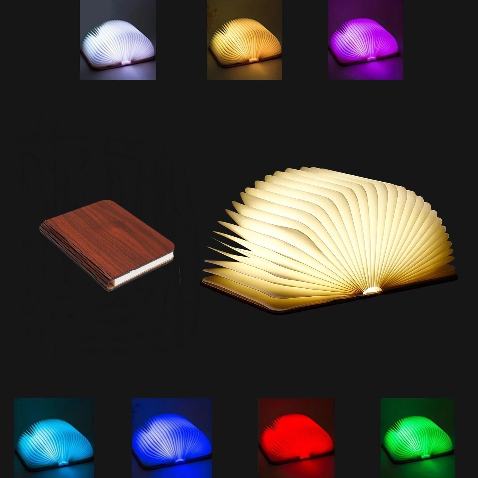 Vilygret Folding Book Lamp, Wooden Book Light 7 Colors, Portable USB ...