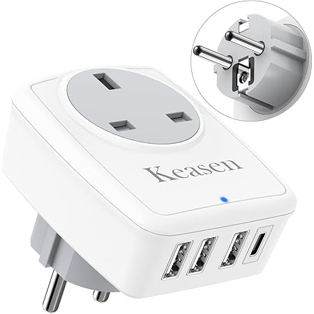 Travel Adapter UK to EU Europe Plug Adaptor with USB C, Grounded ...