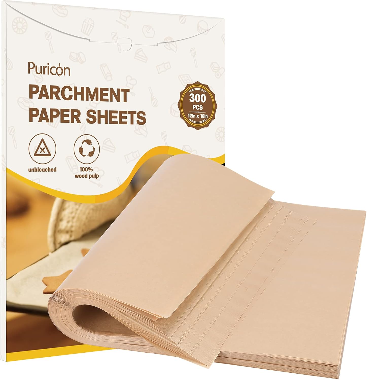 Puricon Pre-Cut Baking Parchment Paper 300 Sheets for Kitchen Cooking ...