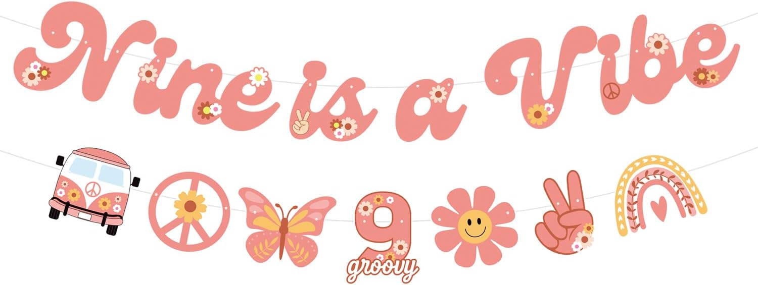 Amazon.com: Nine is A Vibe banner Groovy 9th Birthday Decorations ...