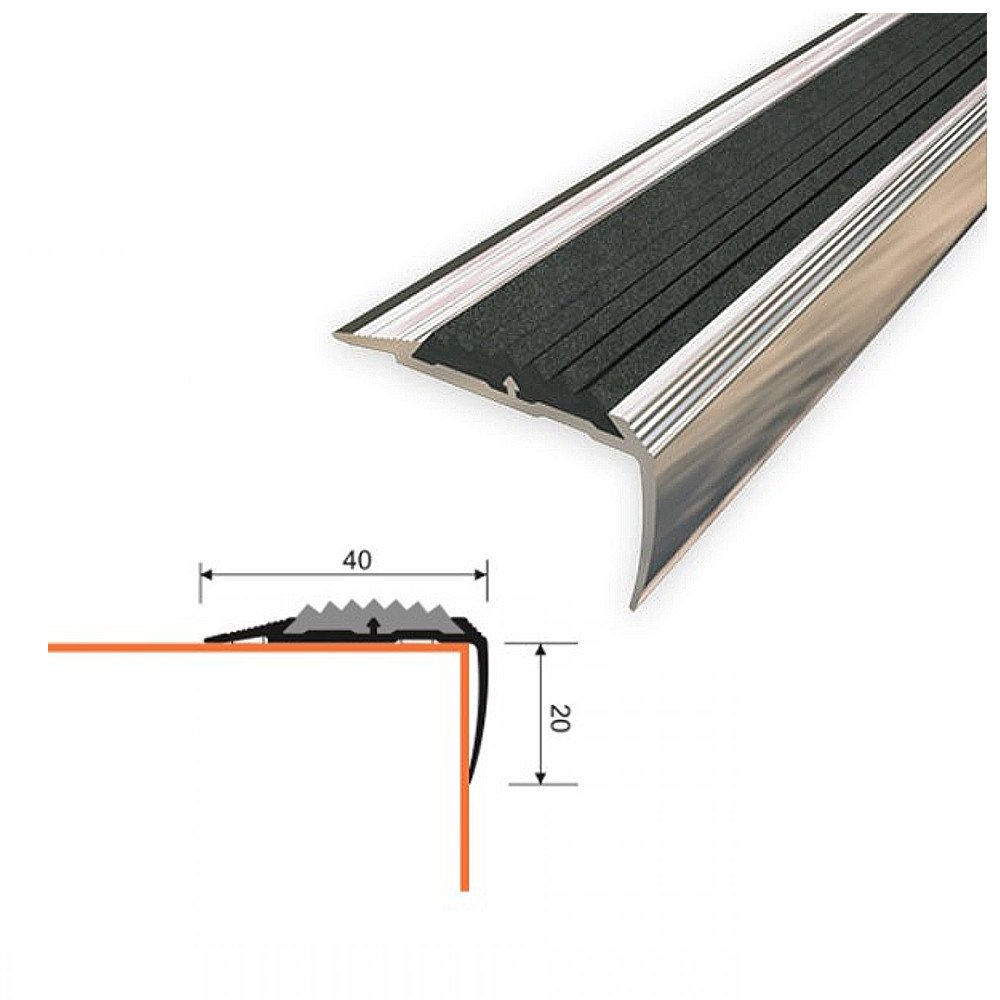 Stair nosing profile ALUMINIUM with black rubber | 90cm 40x20mm ...