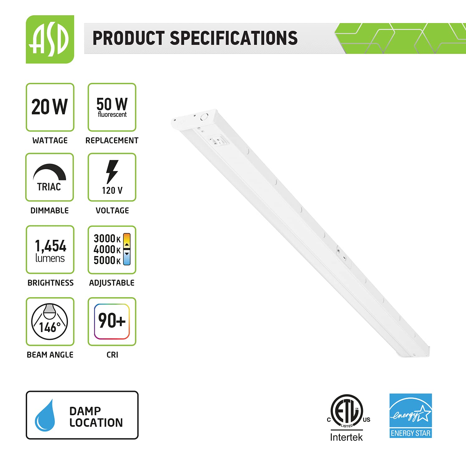 ASD LED Linear Under Cabinet Lighting 40 inch 20W 1454 LM Dimmable CCT ...
