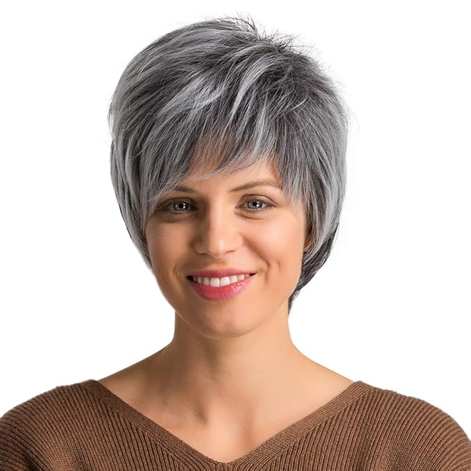Amazon.com : AifClevBea Short Grey Human Hair Blend Wigs,Pixie Cut ...