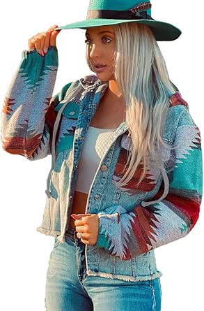 Irsutey Women's Hooded Drawstring Denim Jean Jackets Ethnic Aztec Lapel ...