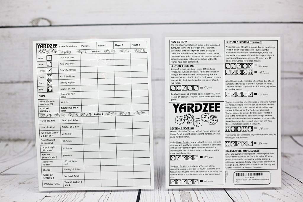 Yardzee Score Cards with Rules on the Back, Nepal | Ubuy