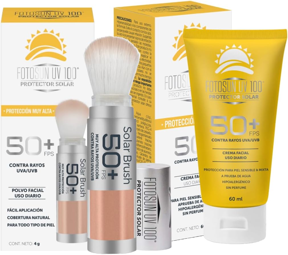 Fotosun UV 100 Protector Solar Facial en Polvo con Brocha + Bloqueador Solar en Crema 50+ FPS ...