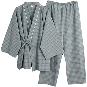 thefancypumpkin Men's Japanese Style Robes Pure Cotton Kimono Pajamas Suit Dressing Gown Set-B ...