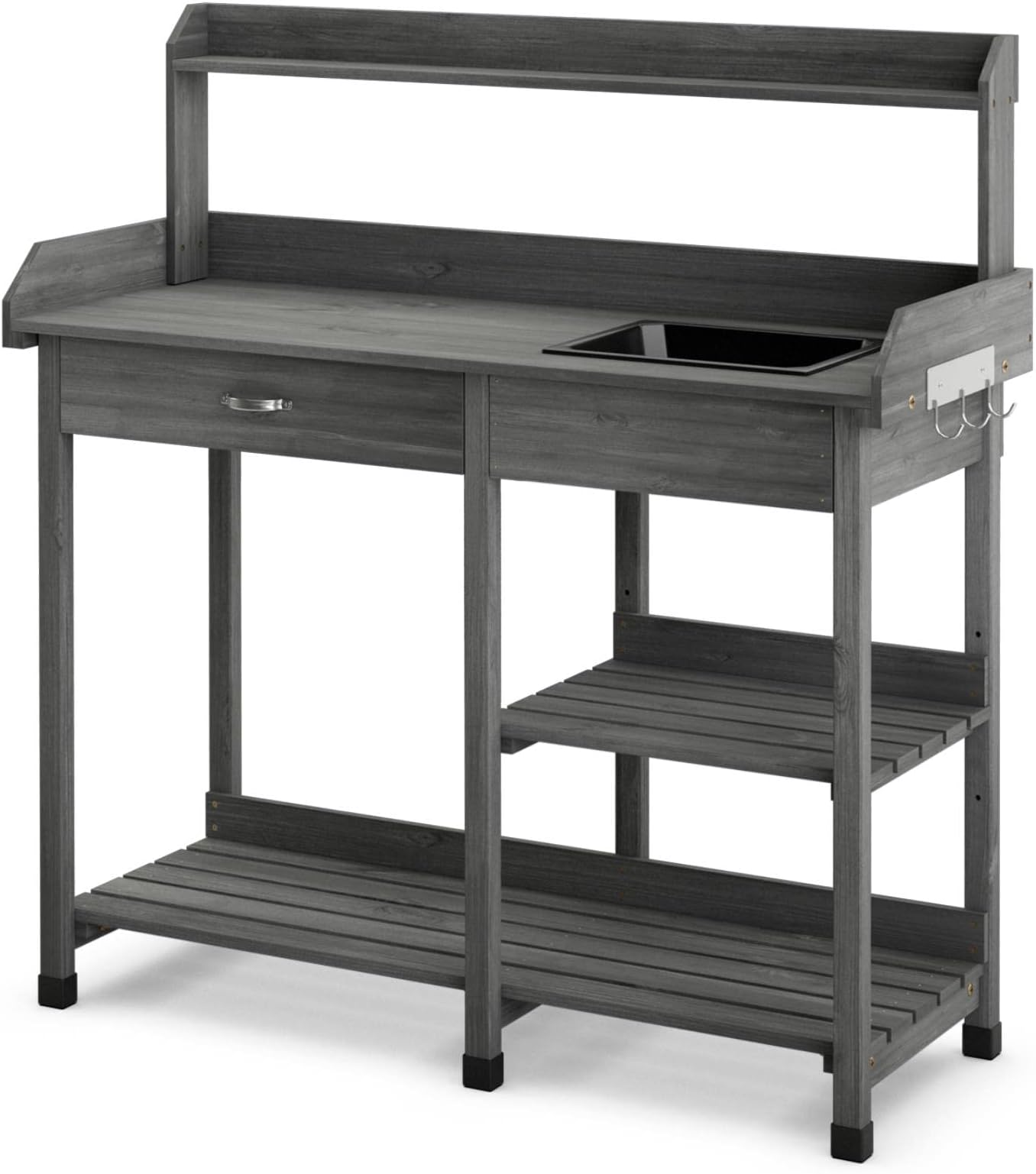 COSTWAY Garden Potting Table, Wooden Planting Bench with Hooks, Sink ...