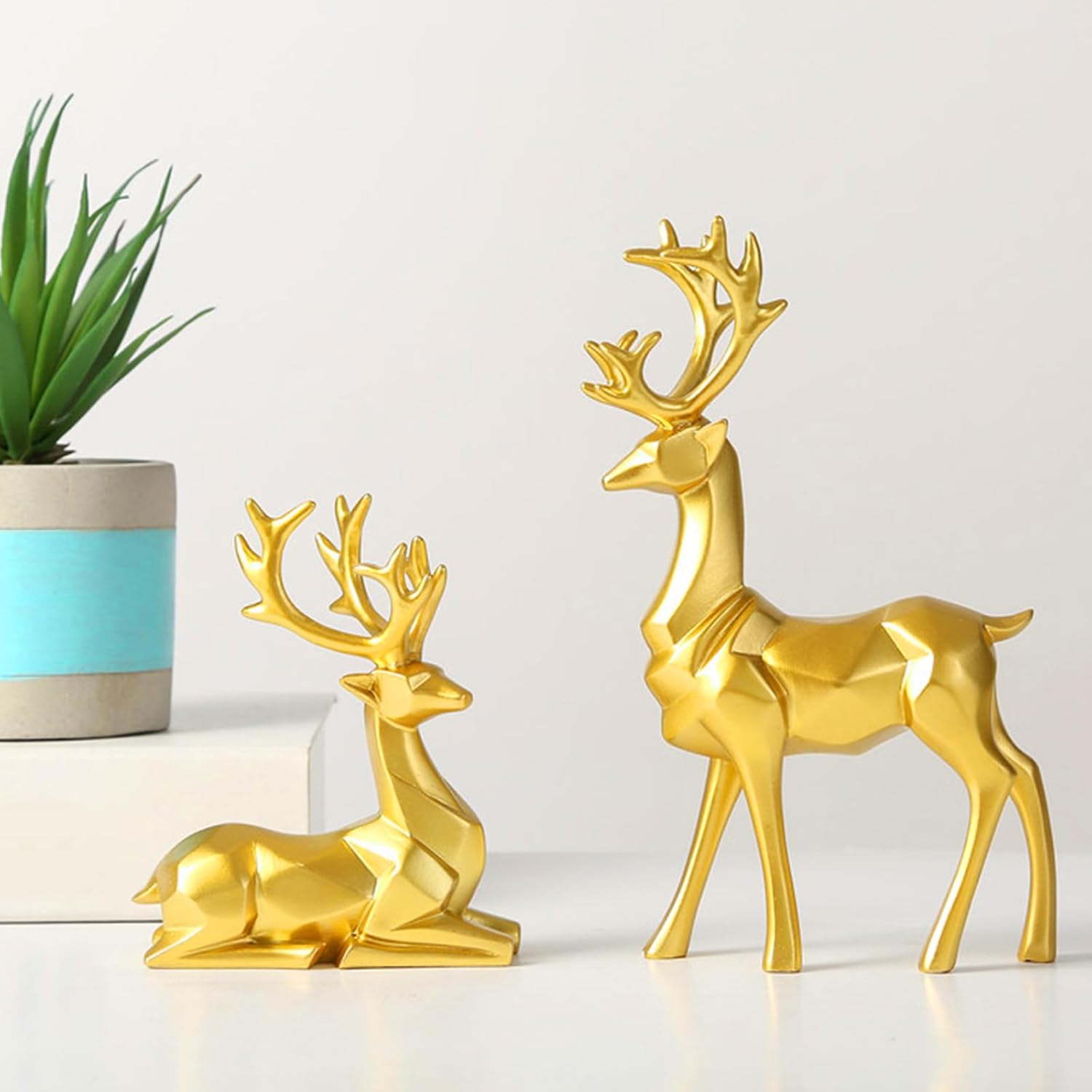 Figuras de reno de Navidad, 2 estatuas geométricas 3D de resina de alce ...