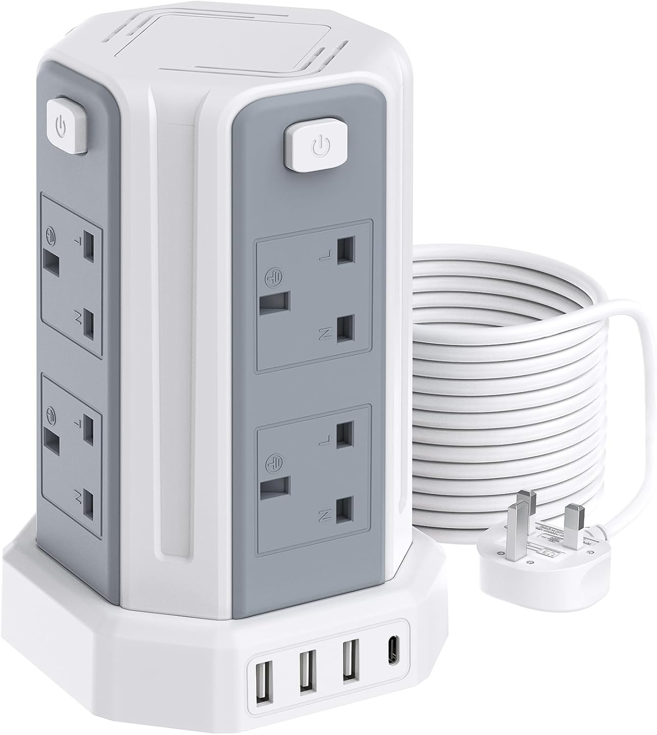 Tower Extension Lead 5M, (13A 3250W), 8 AC Outlets and 4 USB Ports ...