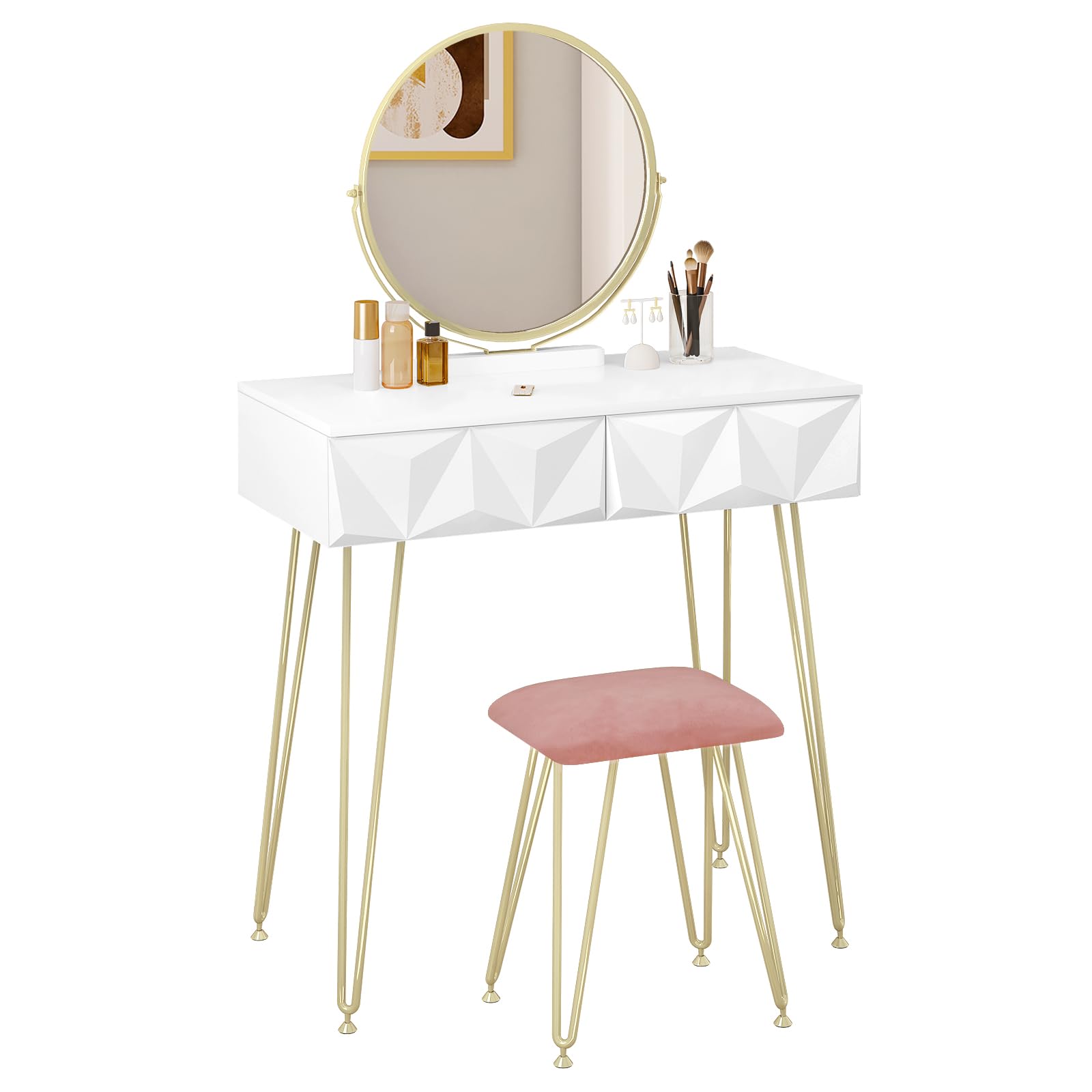 Eugad Dressing Table with Stool and Mirror, 360° Rotatable, Makeup ...