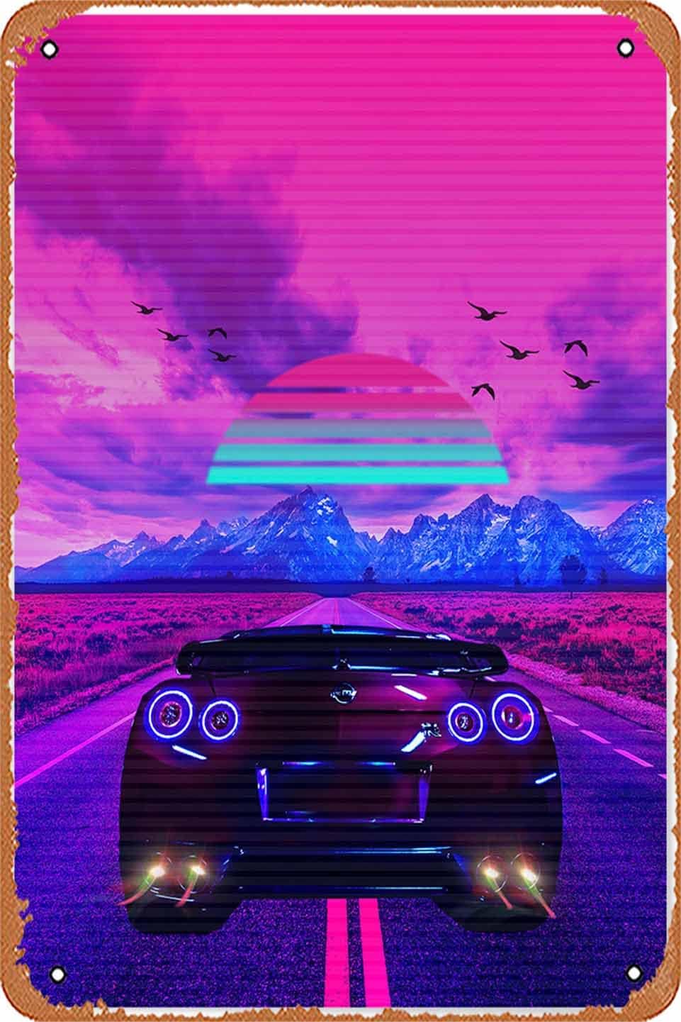 Amazon.com : Zuhhgii Retro Metal Sign Car Synthwave Sun Mountain ...