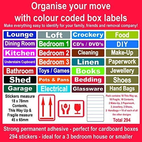 294 Home Moving Colour Coded Box Labels/Stickers - Organise Your House ...