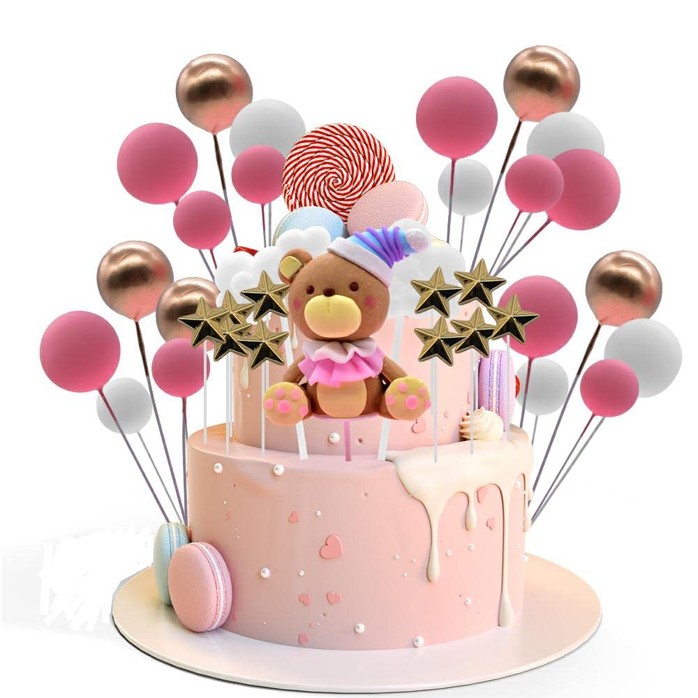 Pink Teddy Bear Cake Topper, 34 Pcs Bear Cupcake Toppers,Bear DIY Cake ...