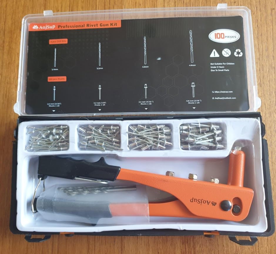 AojSup Rivet Gun Set, Pop Rivet Gun 100pcs Metal Rivets and 4pcs HSS ...