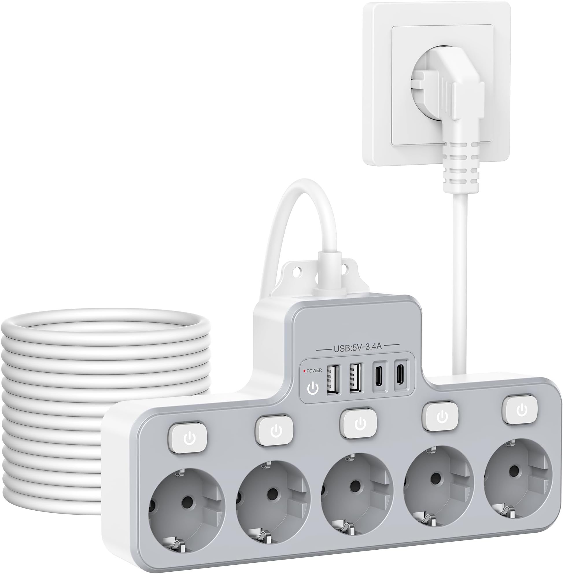 Beş Priz Bağımsız Anahtar 5 Soket ve 4 USB şarj Cihazıyla,Anahtarlı ...