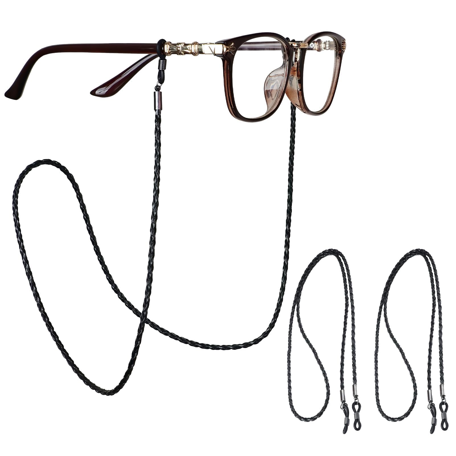 Jawfait 3Pcs Black Leather Eyeglass Chain, Cross Braided Classic Eye ...