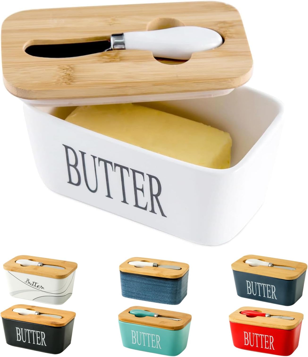 Buy Ceramic Butter Dish with Wooden Lid, Lesige Large Butter Container ...