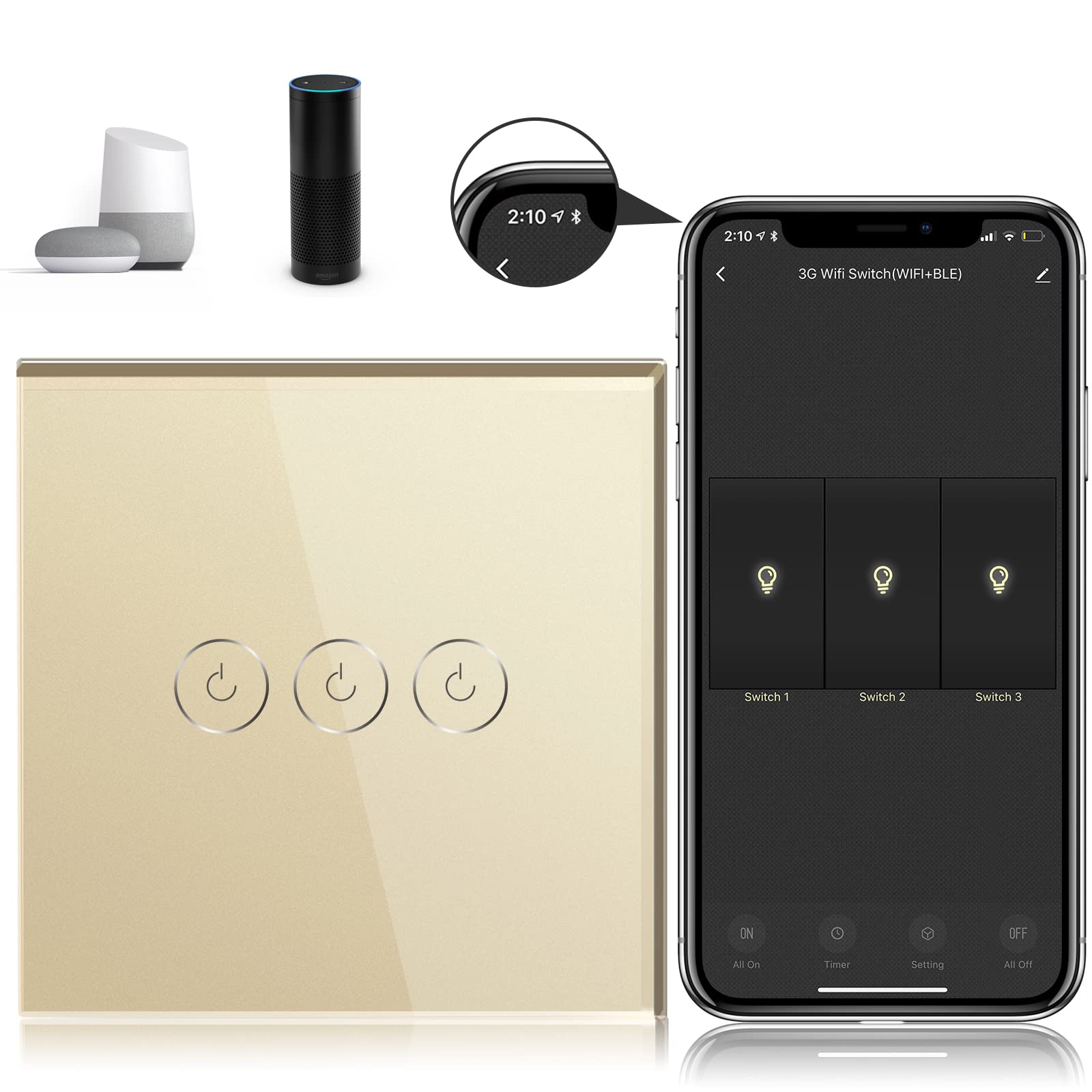 Buy BSEED Smart WiFi 3 Gang 1 Way Alexa Switchable Switches Gold, Glass ...