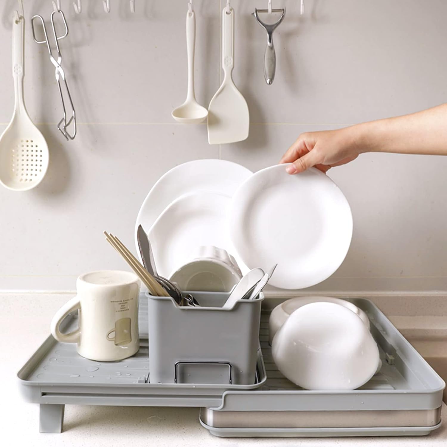 Siairo Expandable Dish Drainer Rack with Drip Tray & Utensil Holder for ...