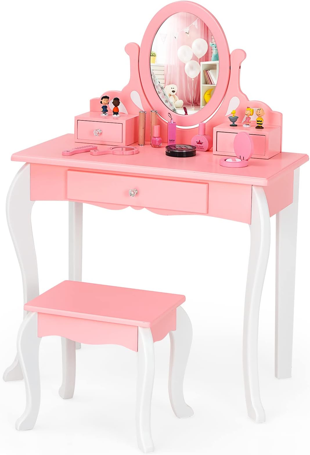 COSTWAY Kids Vanity Table and Stool, 2 in 1 Girls Makeup Dressing Table ...