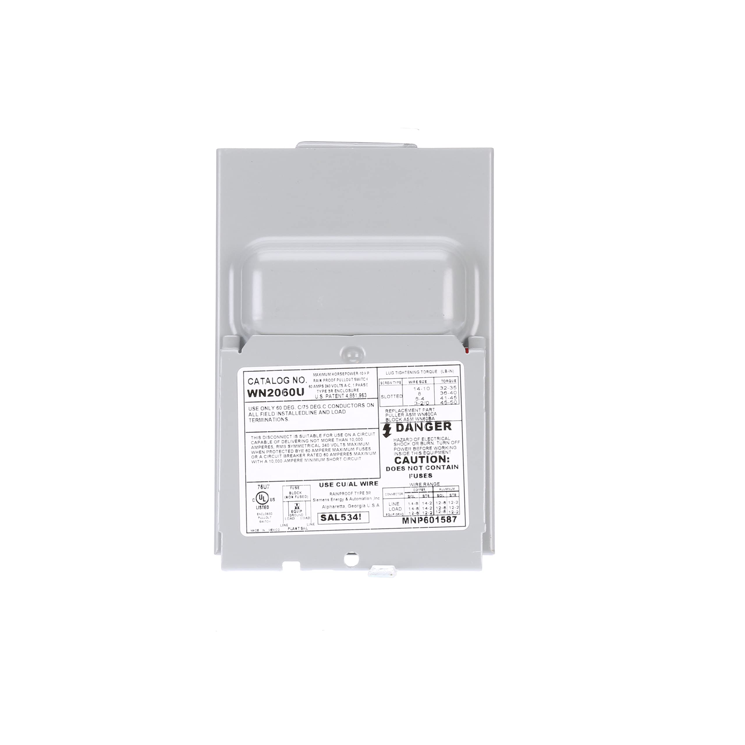 Snapklik.com : Siemens WNC2060 60-Amp, 240V Pull Out AC Disconnect, Non ...