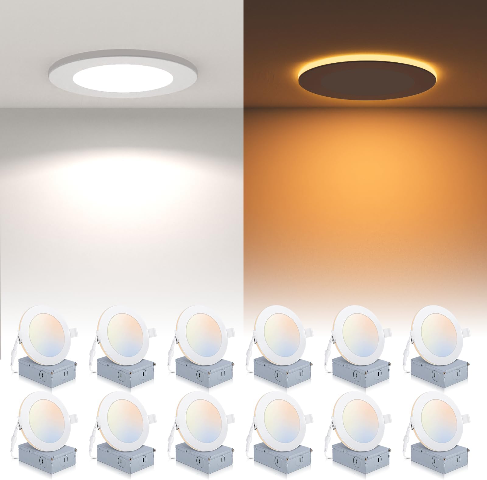 12 Pack Recessed Lighting 6 Inch with Night Light, 6 Inch LED Recessed ...