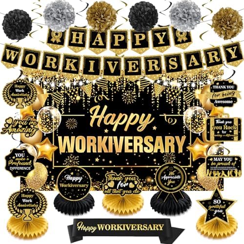 Amazon.com: Happy Work Anniversary Decorations Black Gold Happy ...