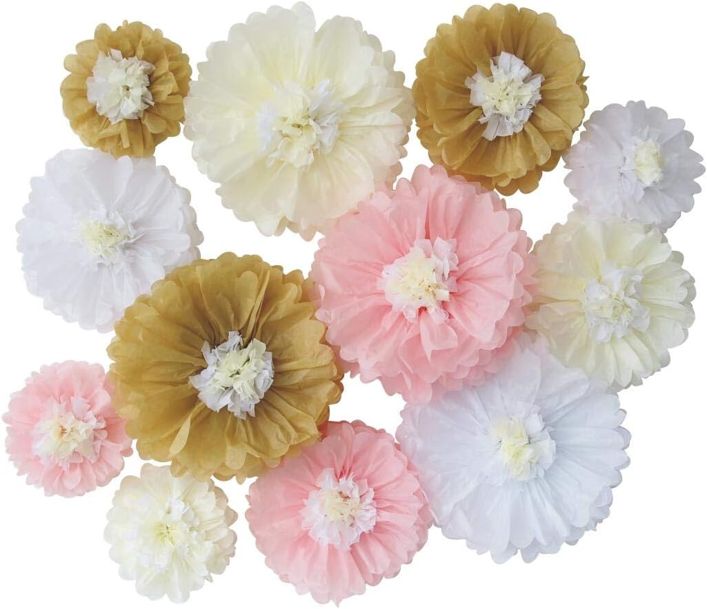 Amazon.com: Mybbshower Blush Gold Tissue Paper Flower Set of 12 Mixed ...
