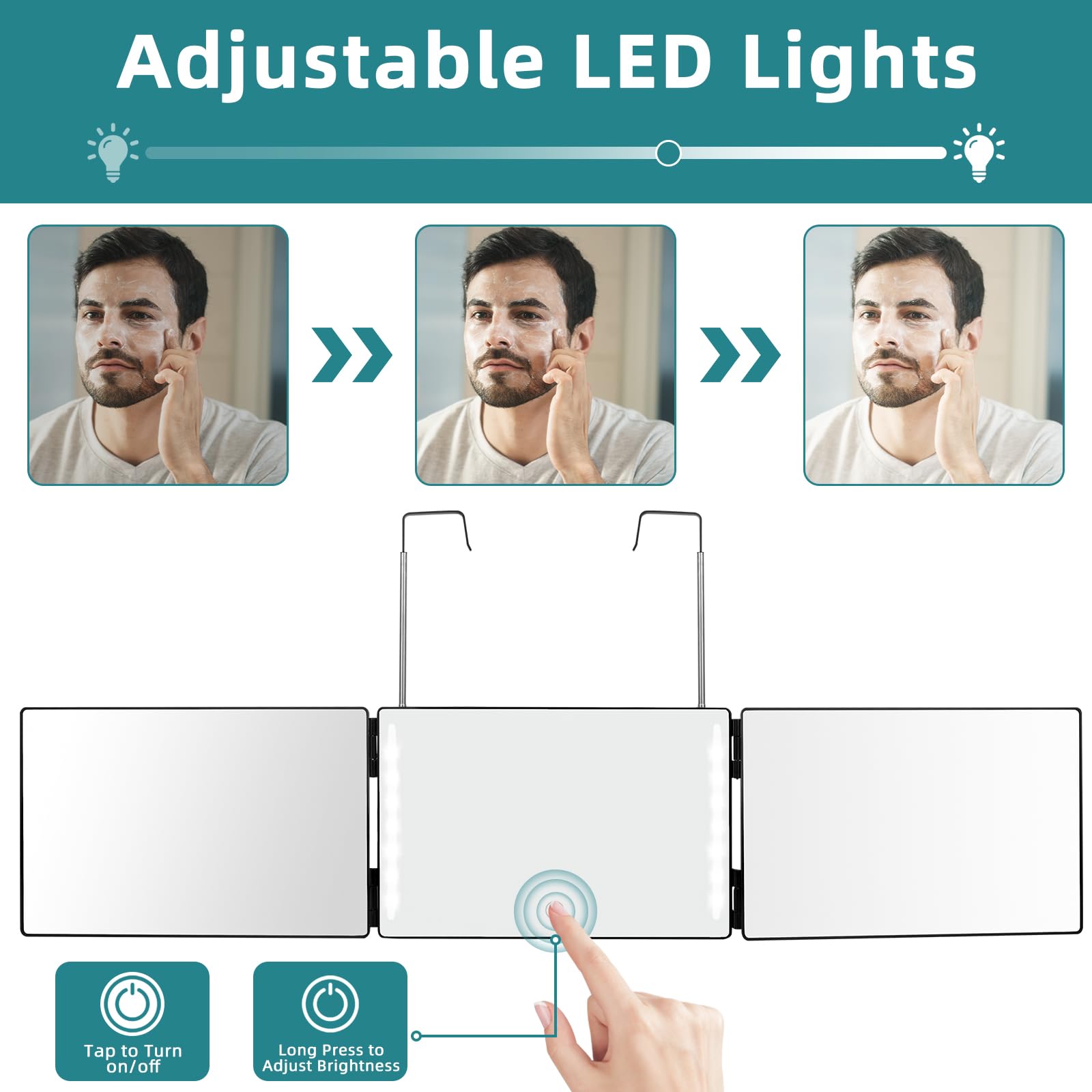 ZEEJORY 3 Way Mirror with LED Lights, Rechargeable 360 Mirror with 10X ...