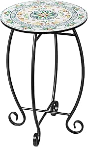 Amazon.com: Side Table, 14" Round End Table, Unique Relief Ceramic Tile ...