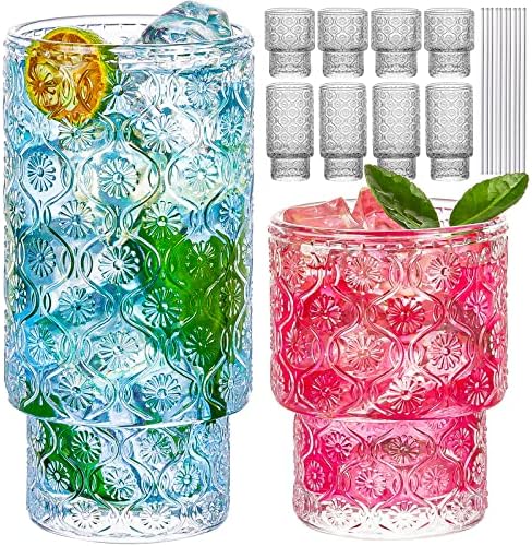 Amazon.com | wookgreat Vintage Drinking Glasses, 8 pcs Glass Cups with ...
