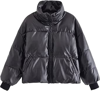 Amazon.com: Flygo Womens Faux Leather Puffer Jacket Cropped Zip Up Padded Winter Bubble Down ...