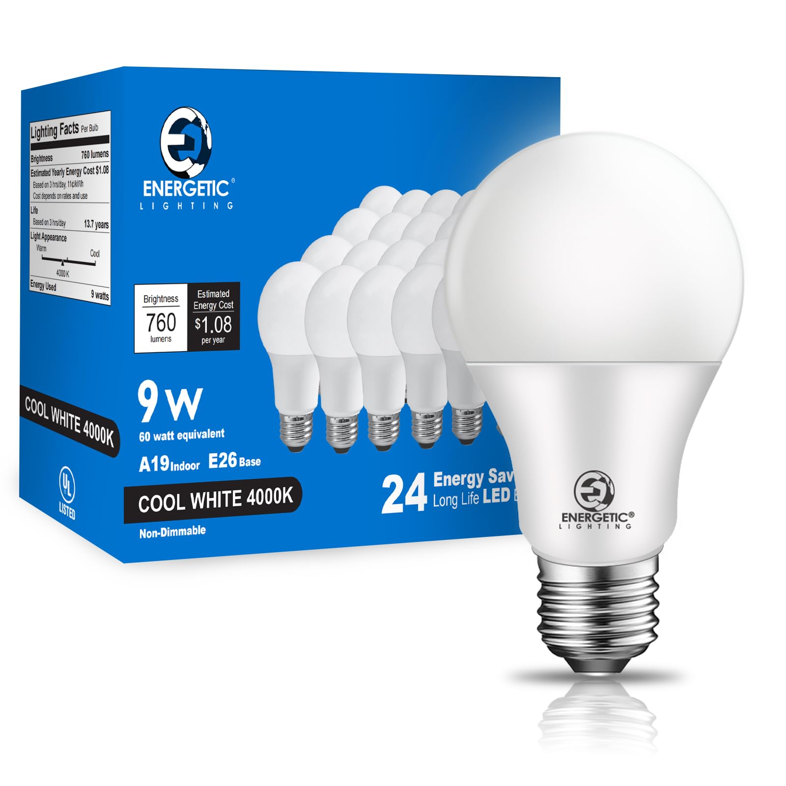 E ENERGETIC LIGHTING Light Bulbs 60 Watt Equivalent, A19 Cool White LED ...