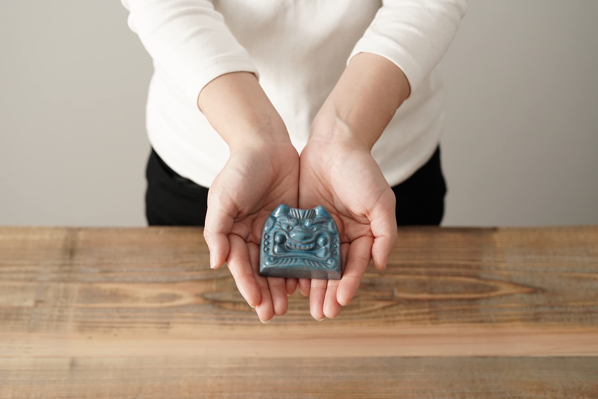 japanese onigawara demon roof tile paperweight blue handmade j