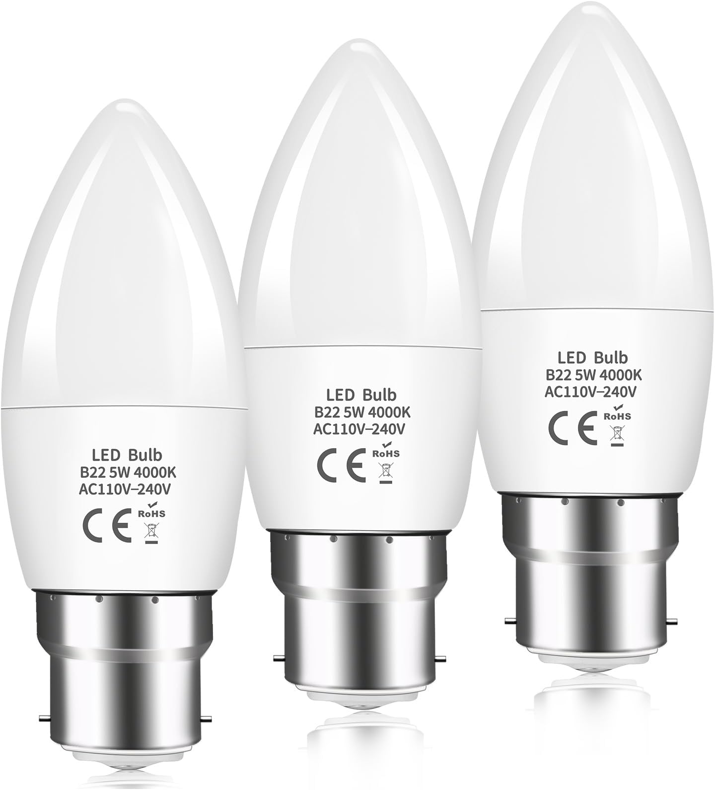 B22 LED Bayonet Cap Candle Bulbs 5W, C37 B22 LED Candle Light Bulb 40W Equivalent, 470LM ...