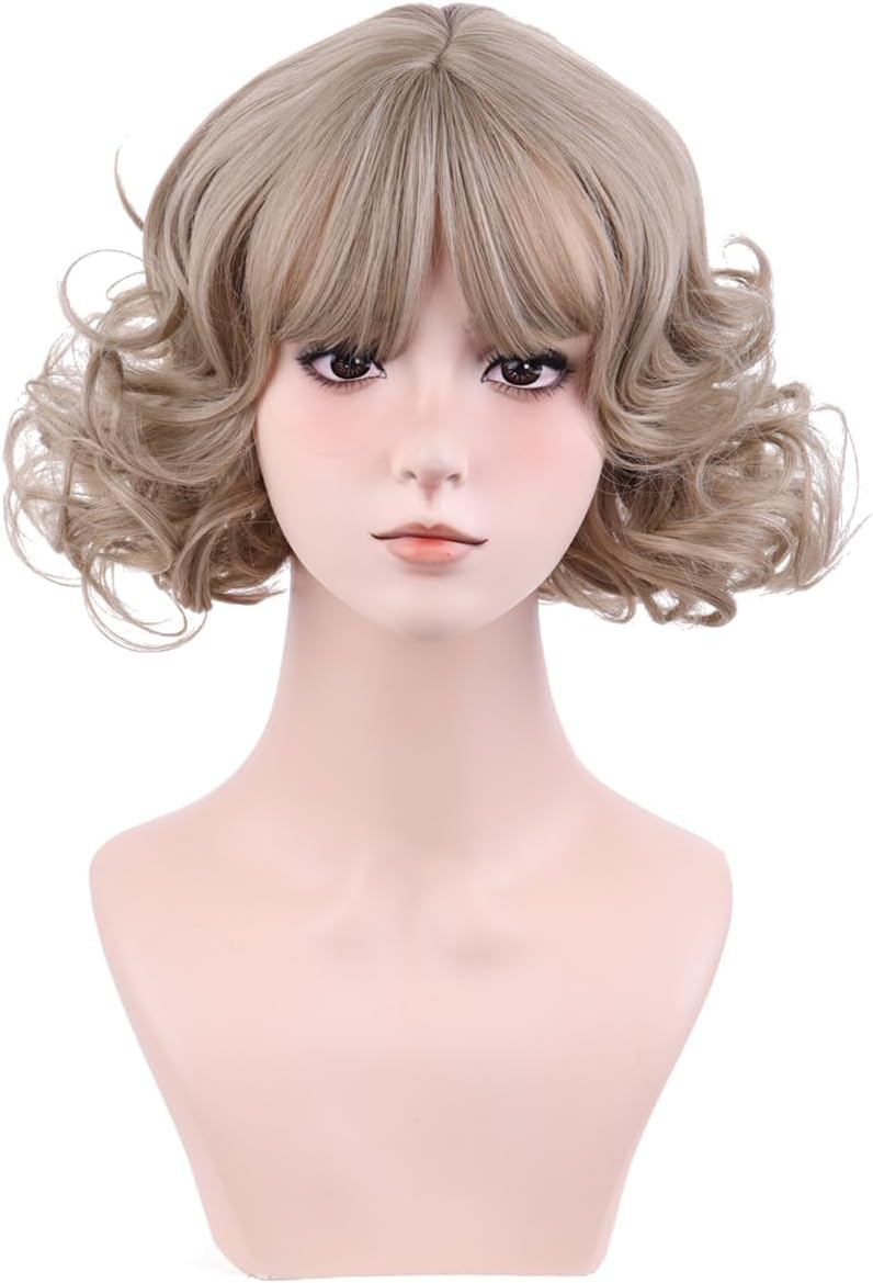 Amazon.com : MAGQOO Ash Blonde Wig with Bangs Women Girls Short Curly ...