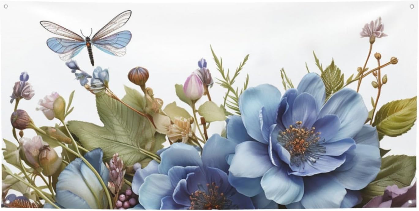 Amazon.com: Blue Flowers and Dragonfly Banner Party Decor Backdrop ...
