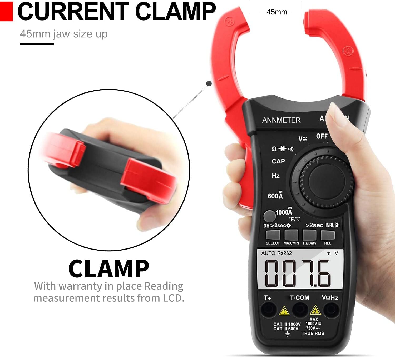 Digital Clamp Meter,AN-570N 6000 Counts TRMS Auto-Ranging AC DC Volt ...