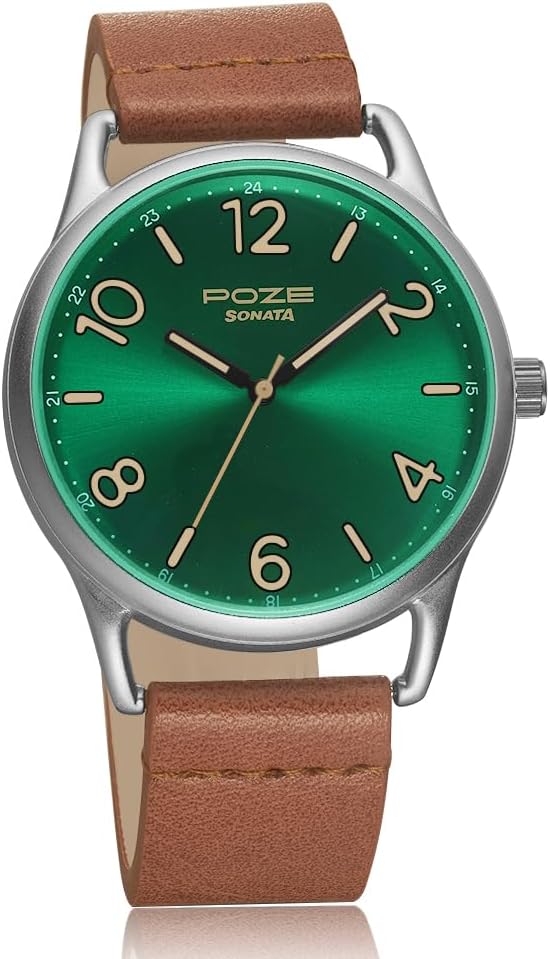 Buy Sonata Poze Quartz Analog Green Dial PU Leather Strap Watch for Men ...
