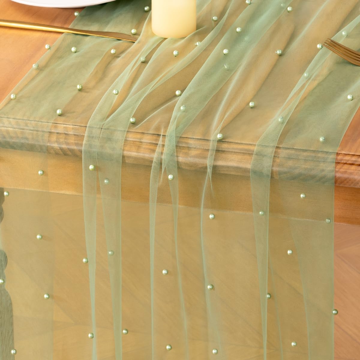 Amazon.com: MLMC 3Pcs Sage Green Pearl Table Runner Boho Rustic Tulle ...