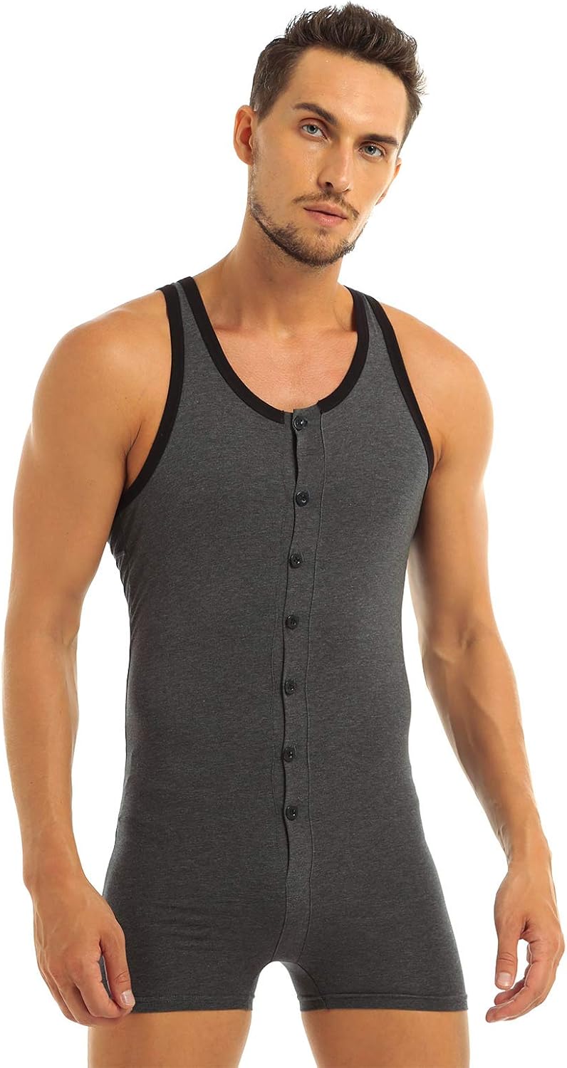 iEFiEL Mens Soft Cotton Button up Sleep in Bodysuit Home Wear Work Out ...