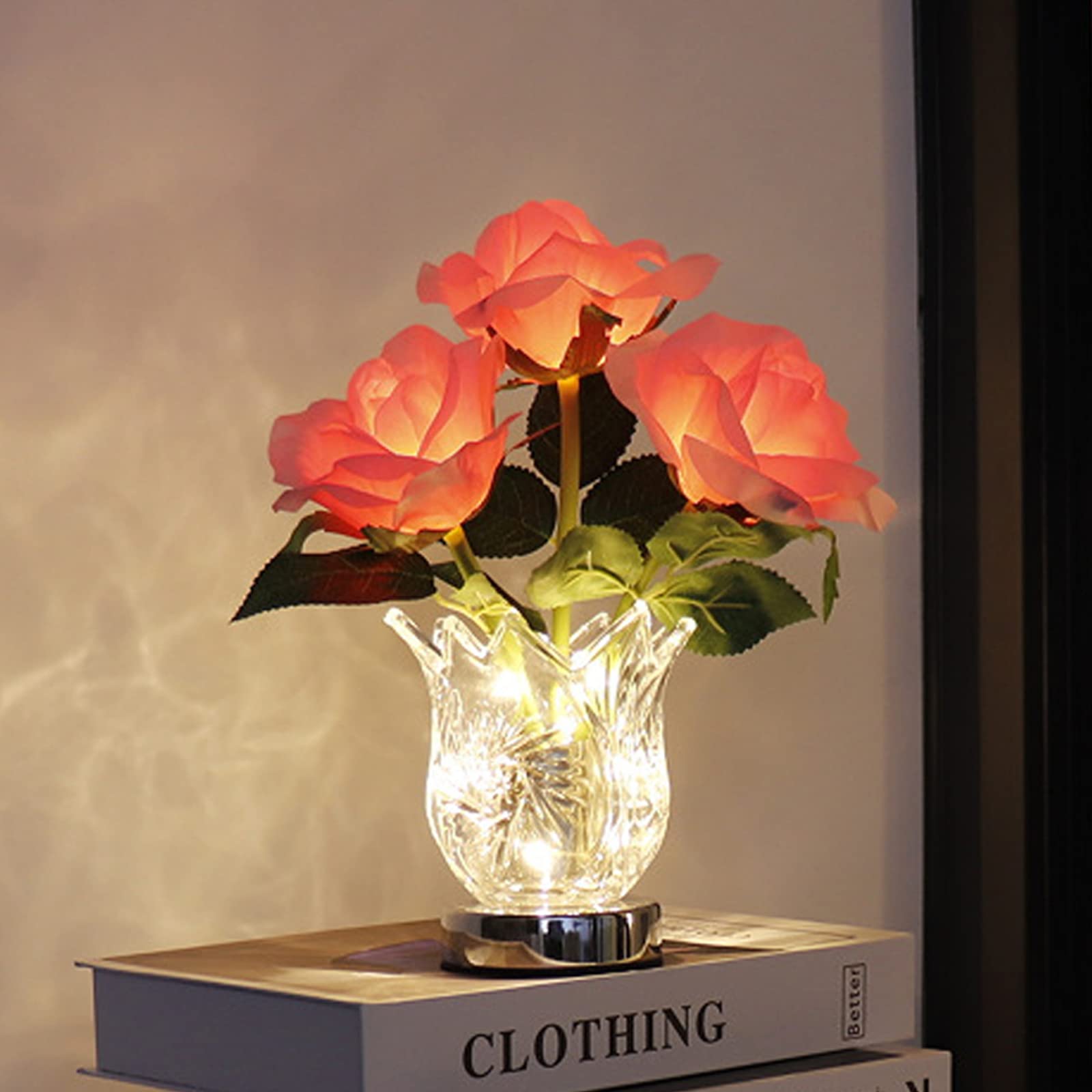 Rose Flower Table Lamp, LED Artificial Flowers Touch Lamp with Crystal ...