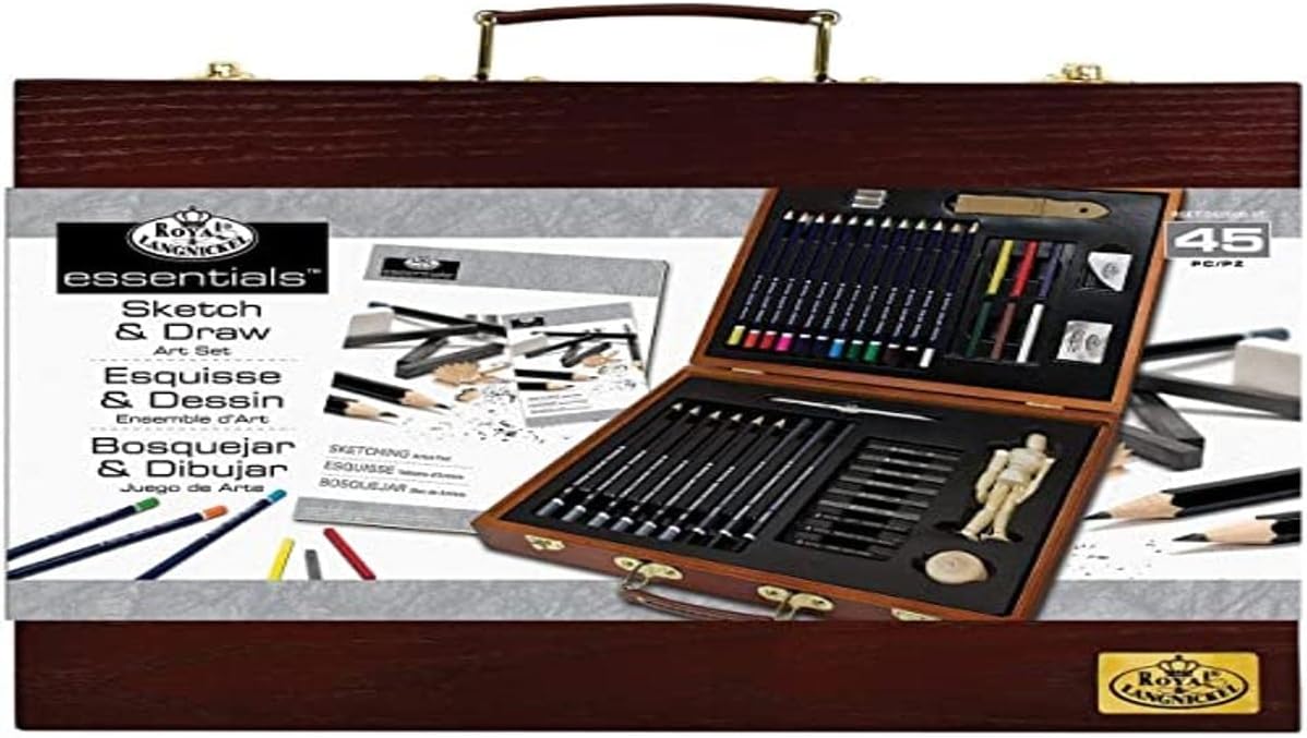 Royal & Langnickel Essentials 45 Piece Sketch & Draw Artists Wooden Box ...