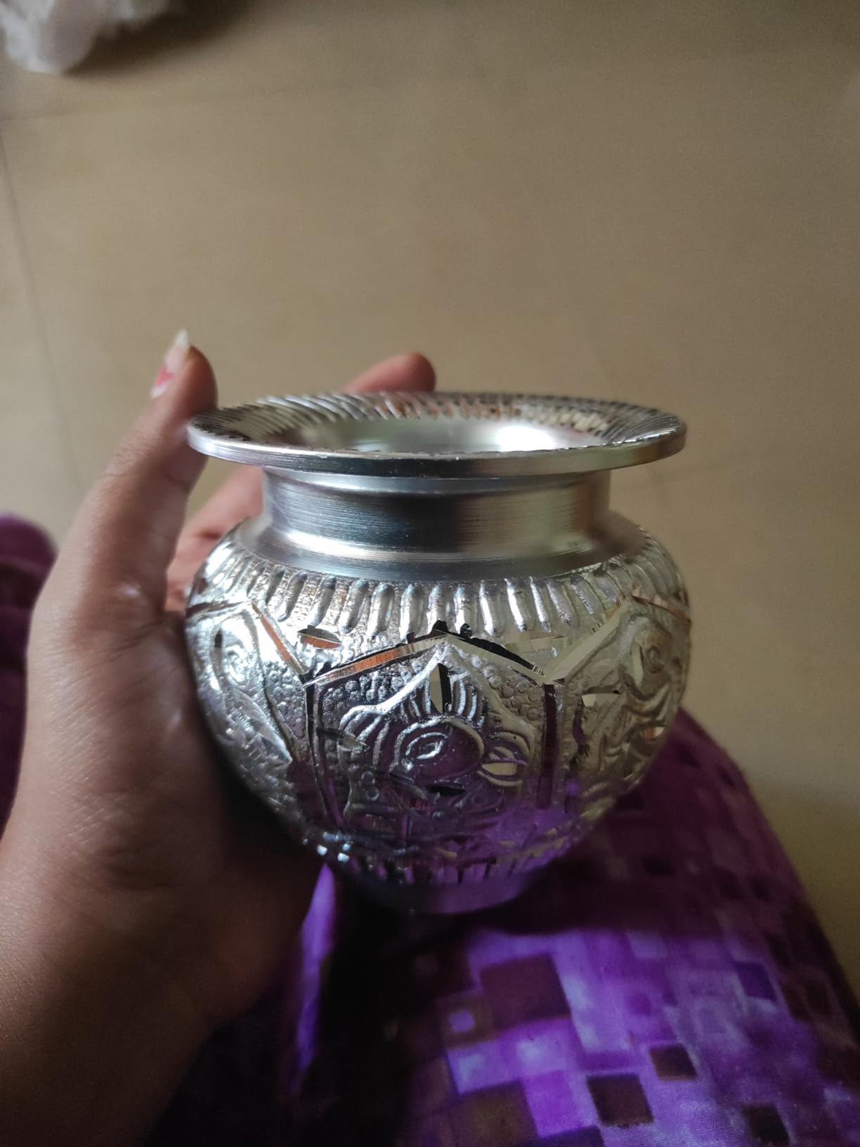 White Metal Hand Made Ganesha Pooja Kalash for Temple and Home/German ...