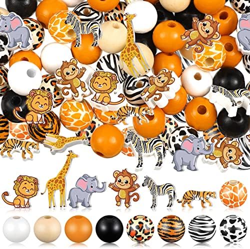 Amazon.com: 200 Pcs Cute Wooden Jungle Animals Wood Beads Animal Print ...