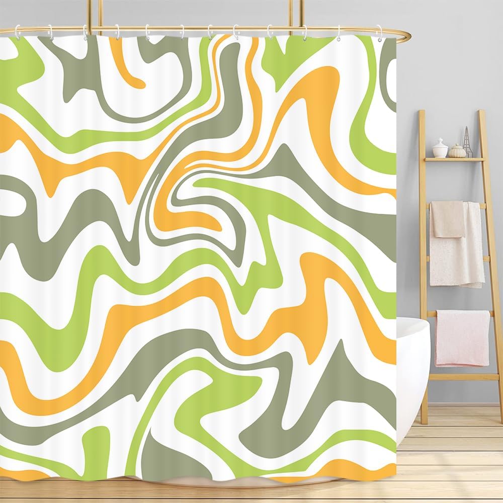 Amazon.com: Cute Green Shower Curtain, Aesthetic 70s Abstract Wavy Swirl Boho Orange Bath ...