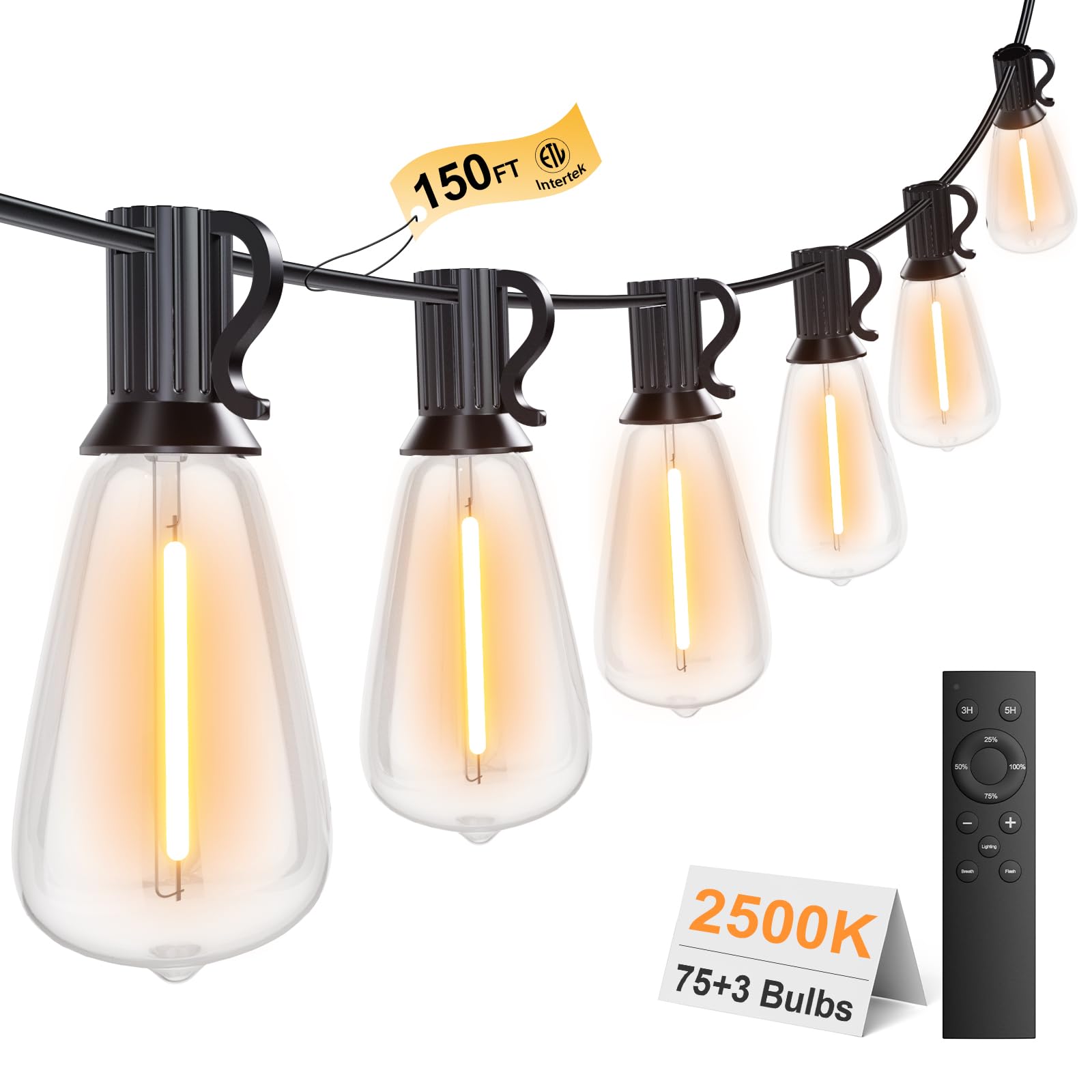 LaPitio 150FT Outdoor String Lights with Remote, Garden Patio Decor with 2500K Warm White, 75+3 ...