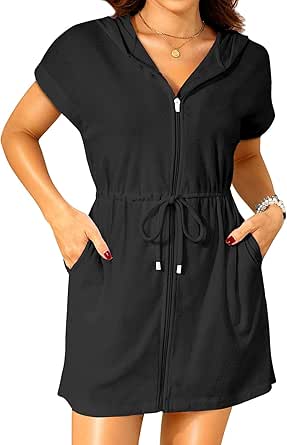 Terry Cloth Cover Ups - Hooded Cotton Swim Sun Cover-up with Zipper ...