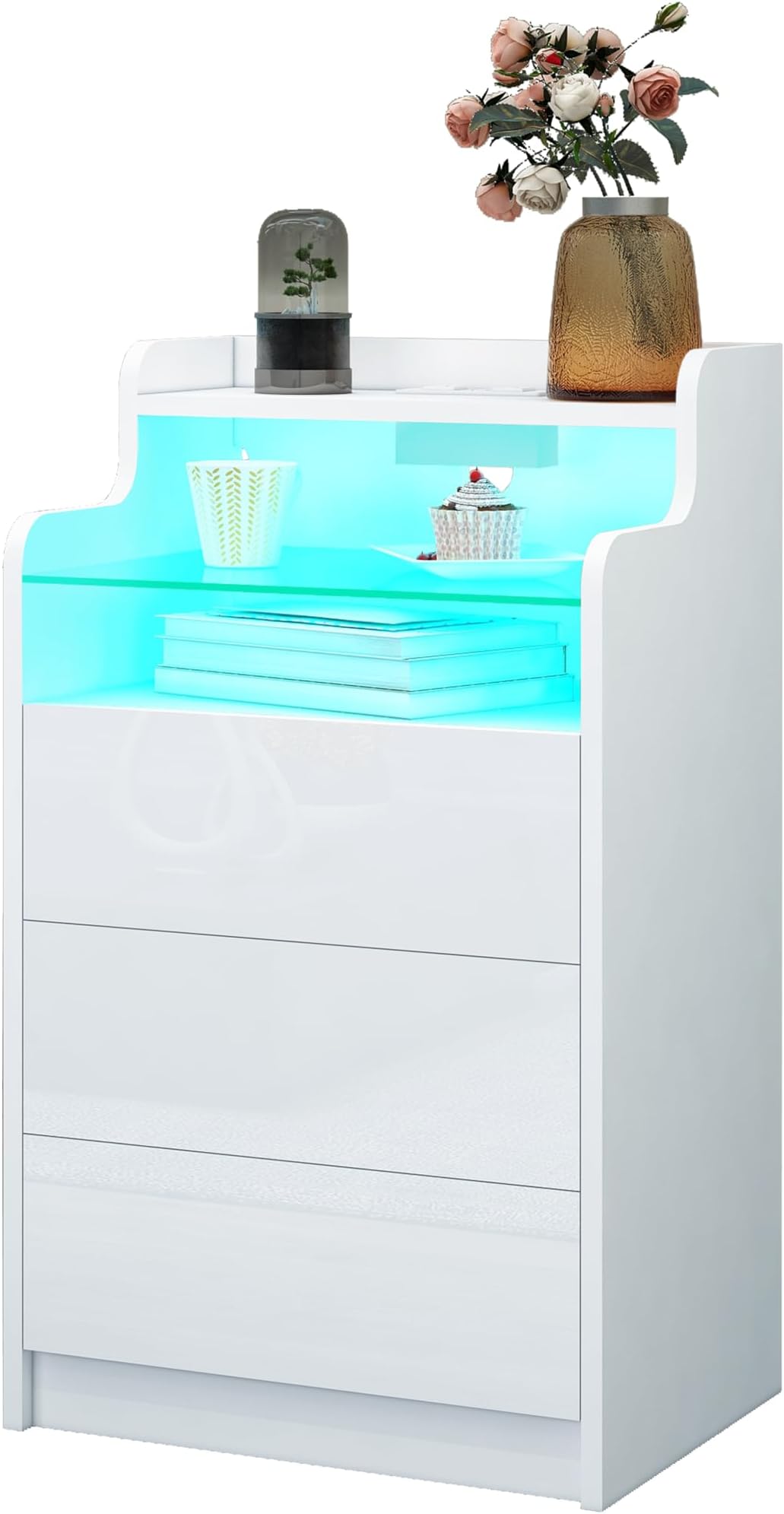 LED Bedside Table with 3 Drawers, High Gloss White Night Stands with ...